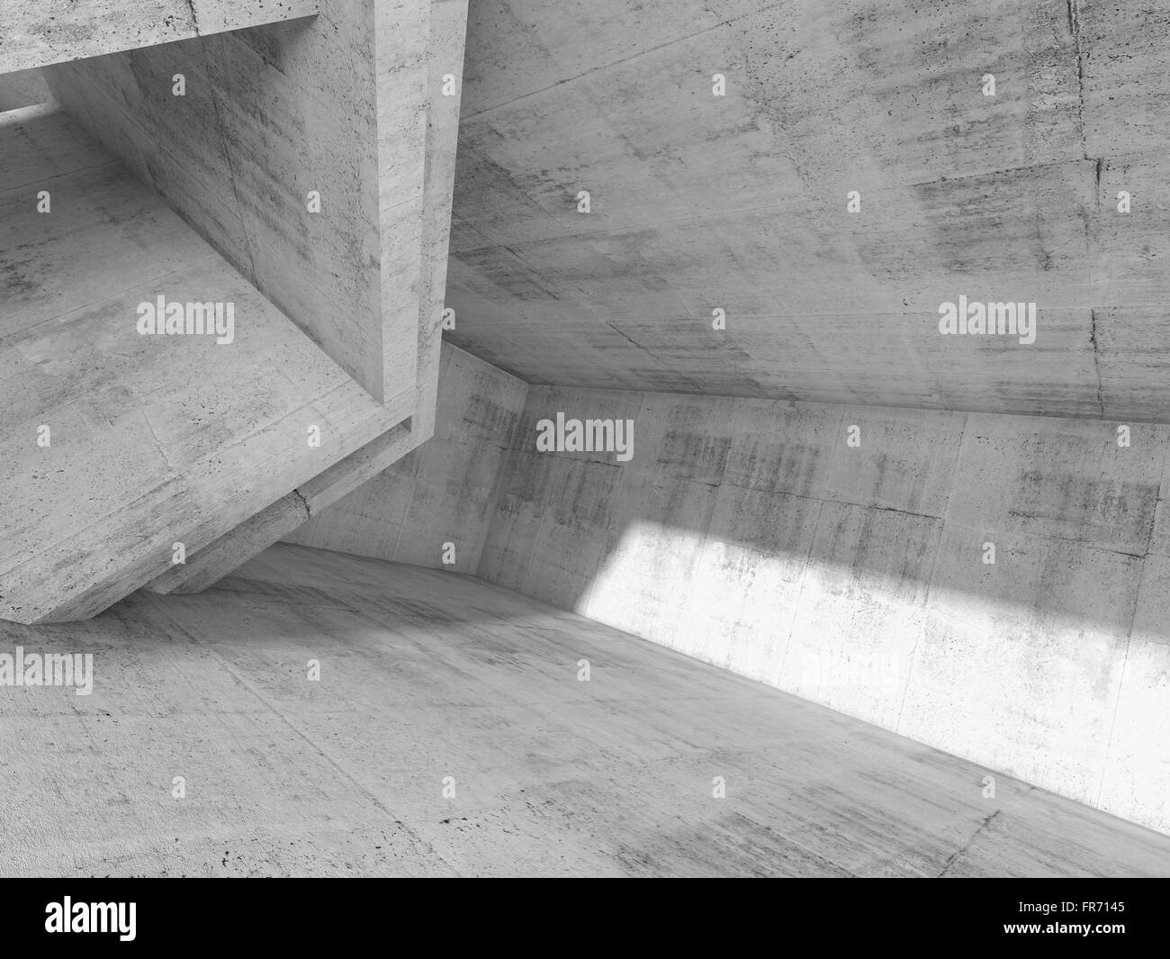 Abstract concrete room with chaotic cubic structures. Architecture ...