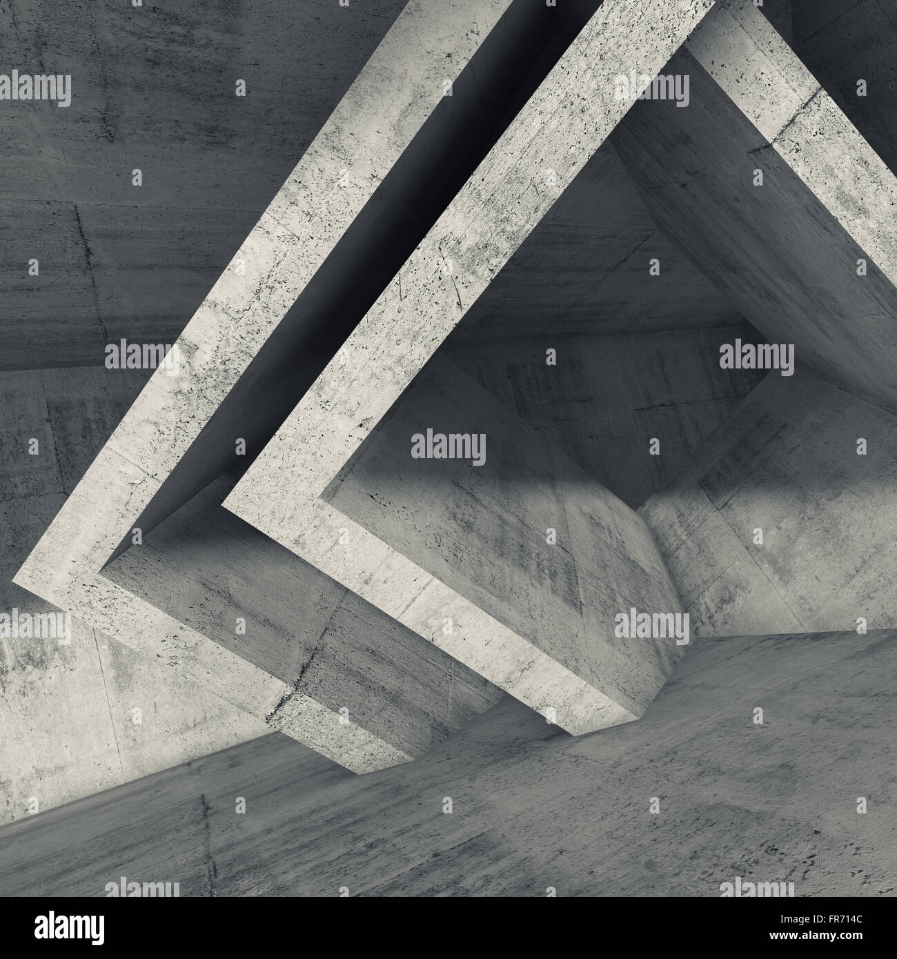 Concrete room interior with cubic structures. Square abstract ...