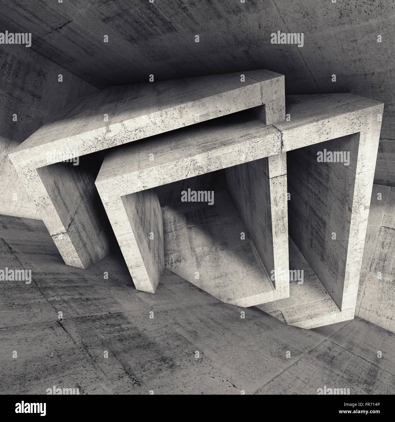 Abstract concrete room interior with chaotic cubic structures. Square ...