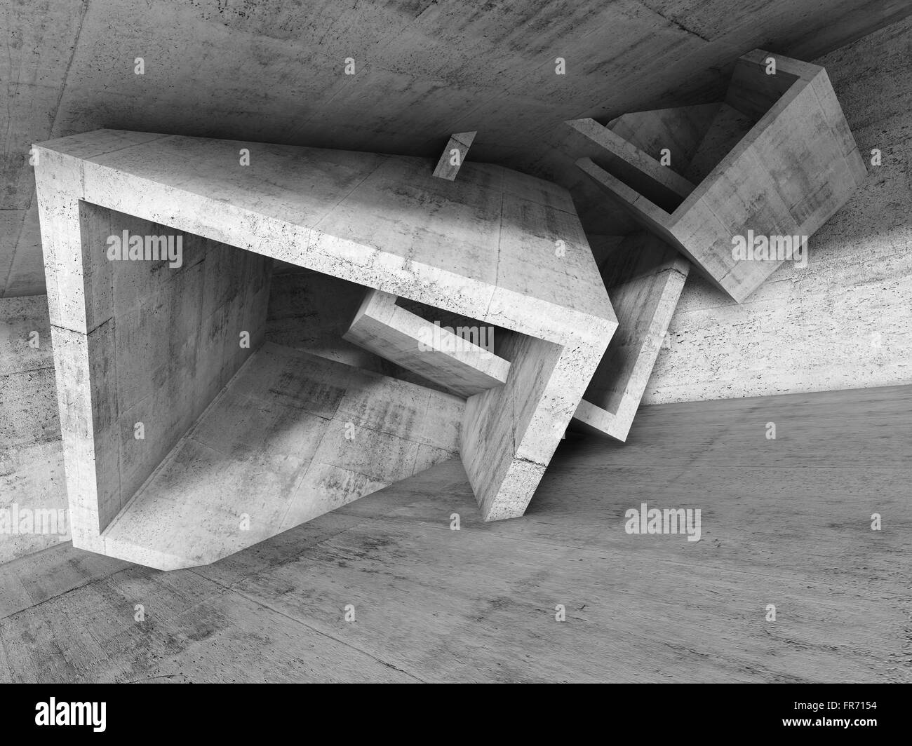 Concrete room interior with chaotic cubic structures. Abstract ...