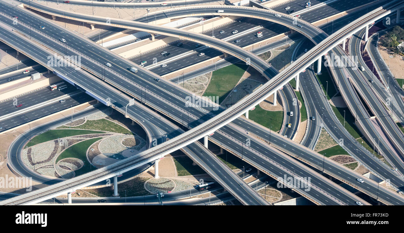 Highways, ramps, and urban railway tracks in Dubai, UAE. Photographed ...