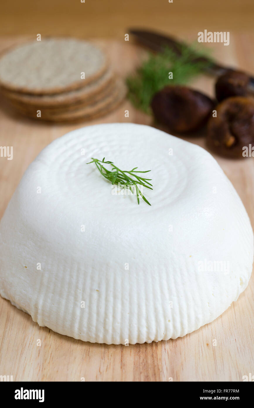 Home cheesemaking final stage: finished soft white fresh cheese, made ...