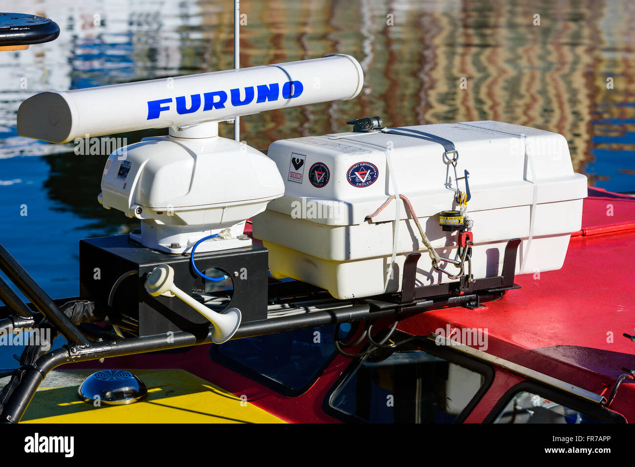 Kalmar, Sweden - March 17, 2016: The radar and inflatable life raft of ...