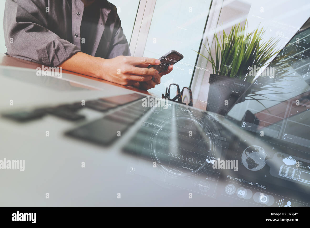 Businessman hand using mobile phone with digital layer effect as ...