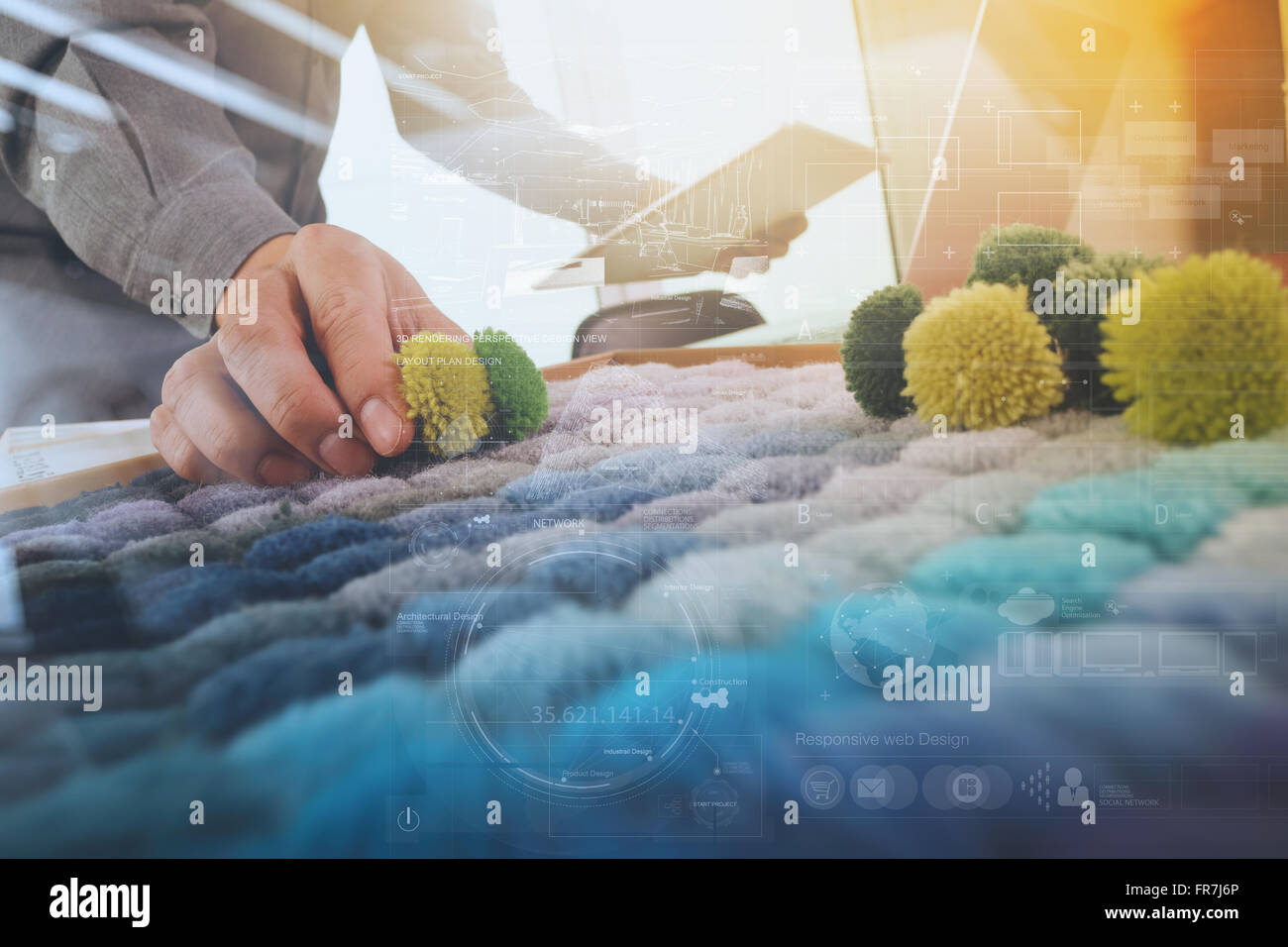 Interior designer hand chosing carpet sample with blank new modern ...