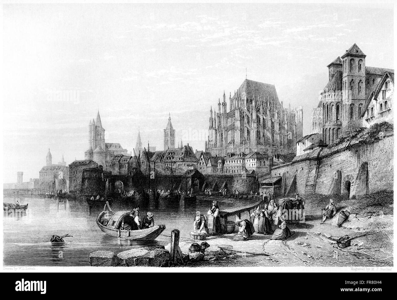 An engraving of the City of Cologne on The Rhine scanned at high ...
