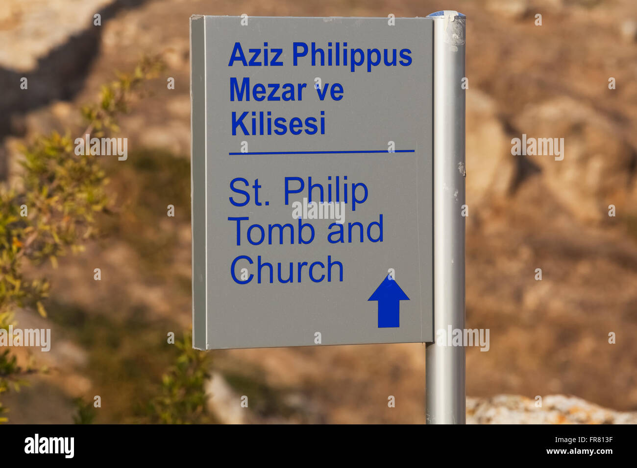 Sign with arrow pointing to St Philip tomb and church; Pamukkale ...