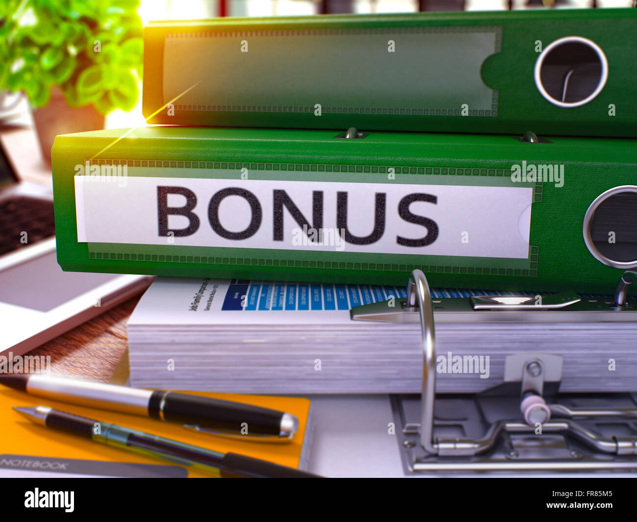 Green Office Folder with Inscription Bonus Stock Photo - Alamy