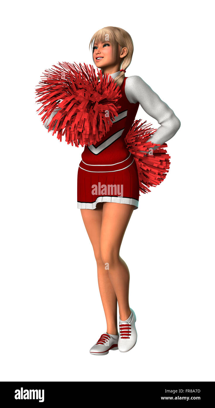 Digital render of a young cheerleader with pompoms isolated on white ...