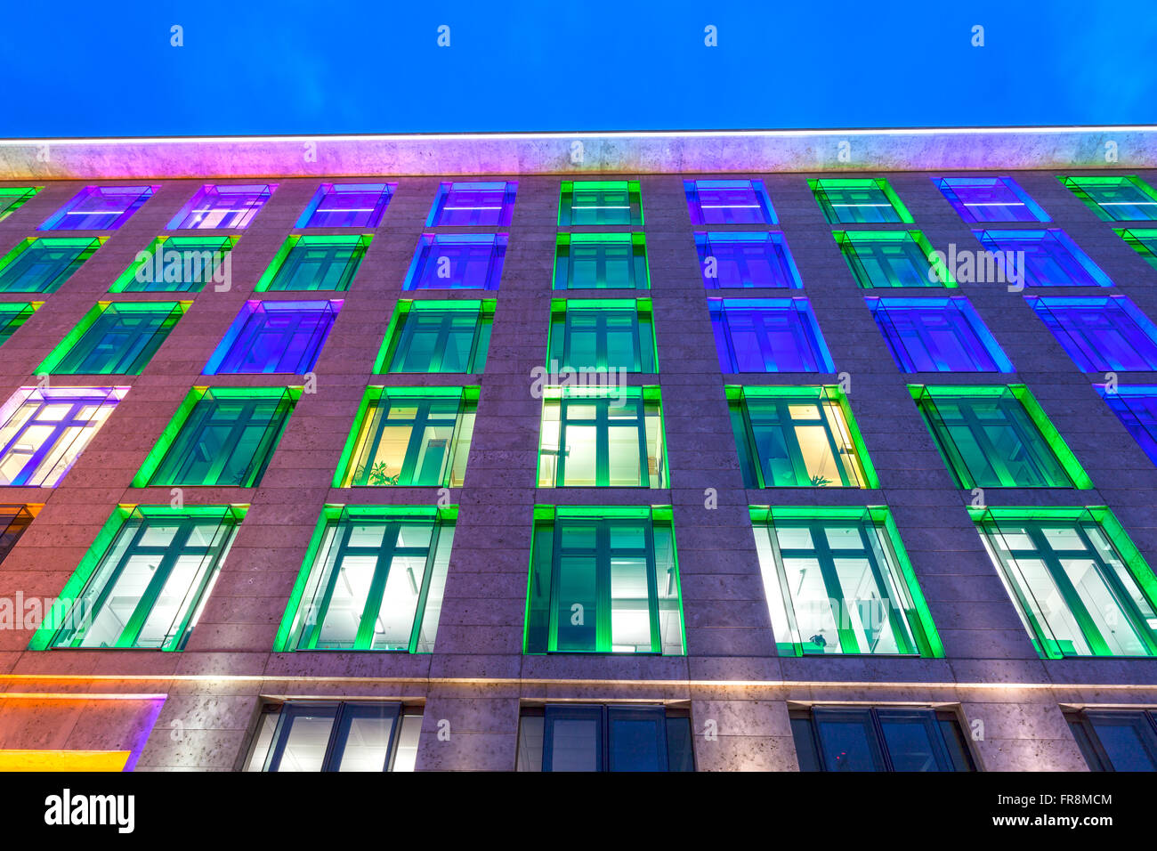 Colorful illuminated building in Frankfurt Main, Germany Stock Photo ...