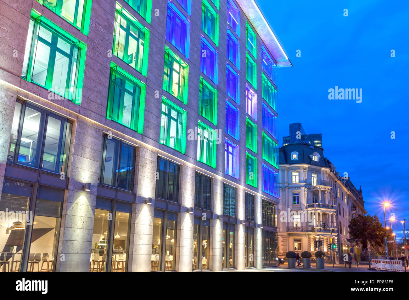 Colorful illuminated building in Frankfurt Main, Germany Stock Photo ...