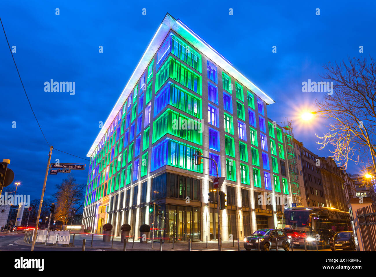 Colorful illuminated building in Frankfurt Main, Germany Stock Photo ...
