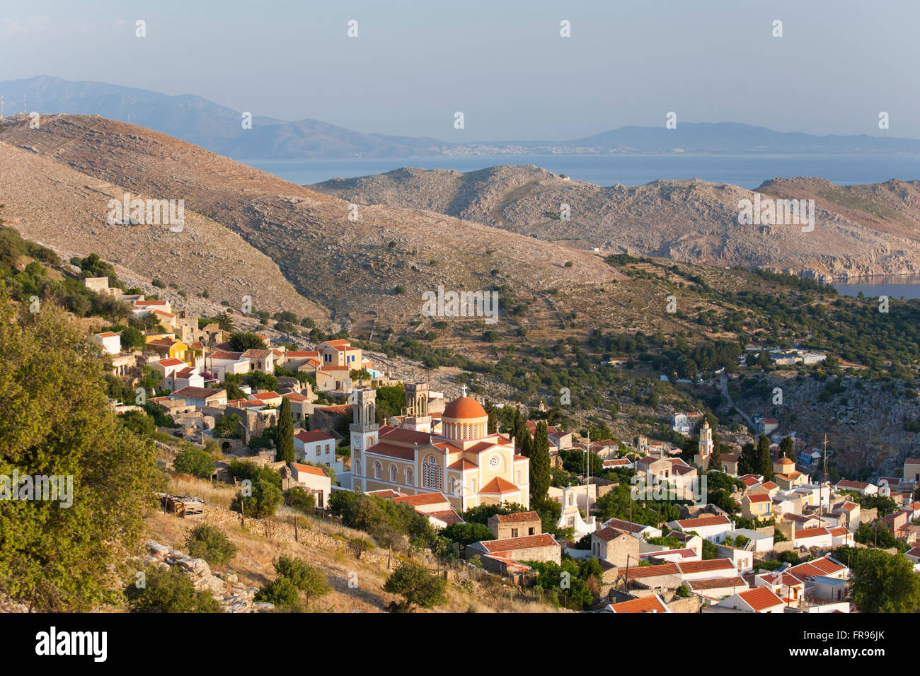 Horio, Symi, South Aegean, Greece. View from hillside above the village ...