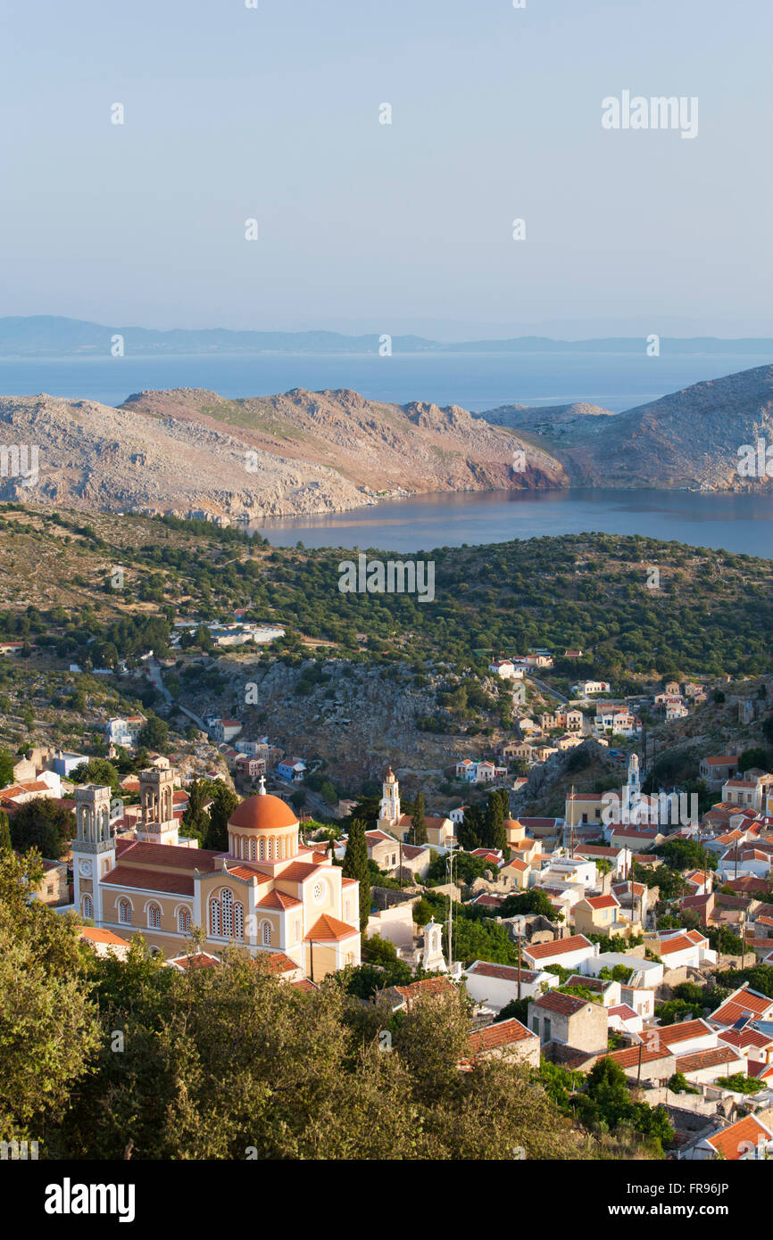 Horio, Symi, South Aegean, Greece. View from hillside high above the ...
