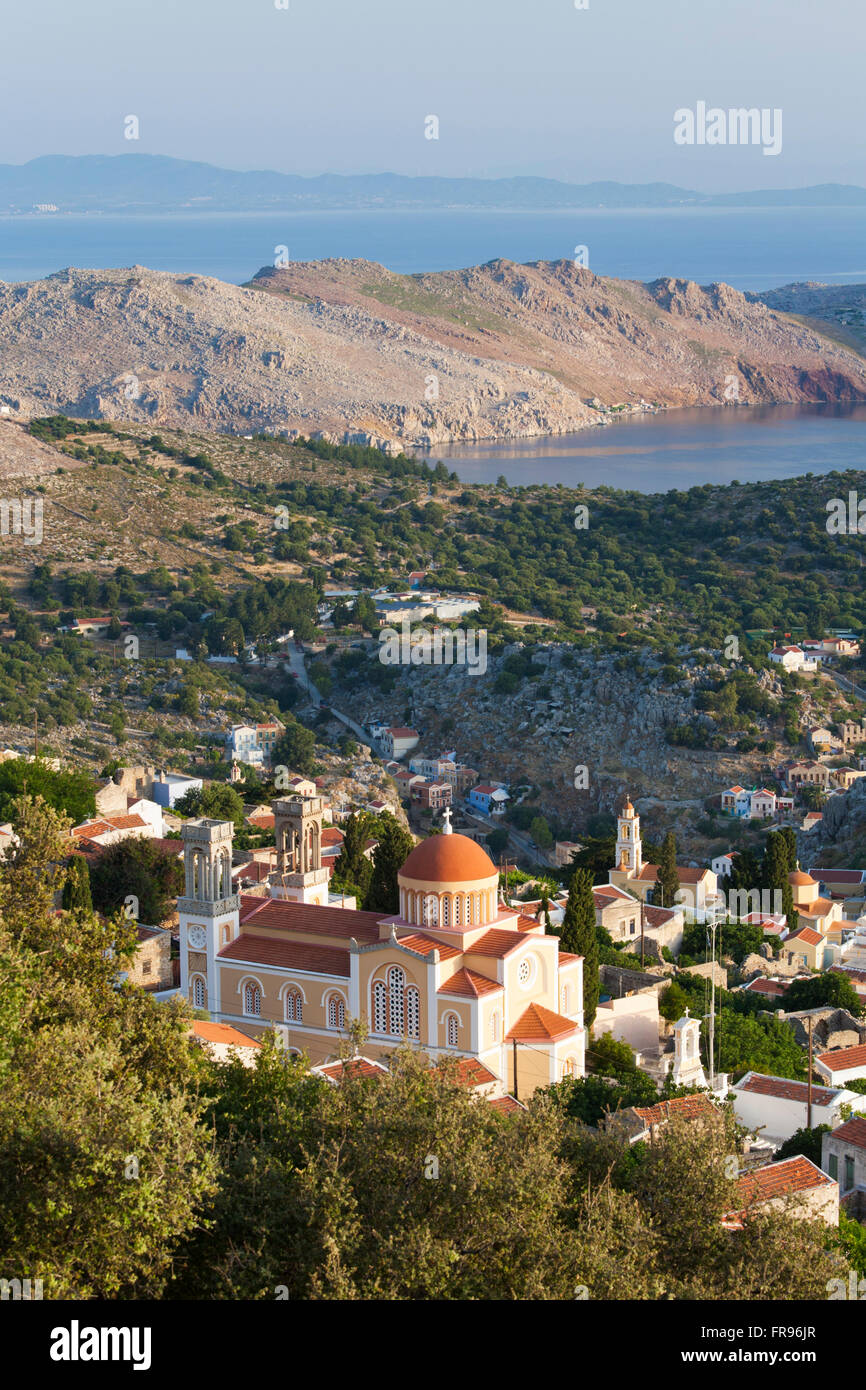 Horio, Symi, South Aegean, Greece. View from hillside high above the ...