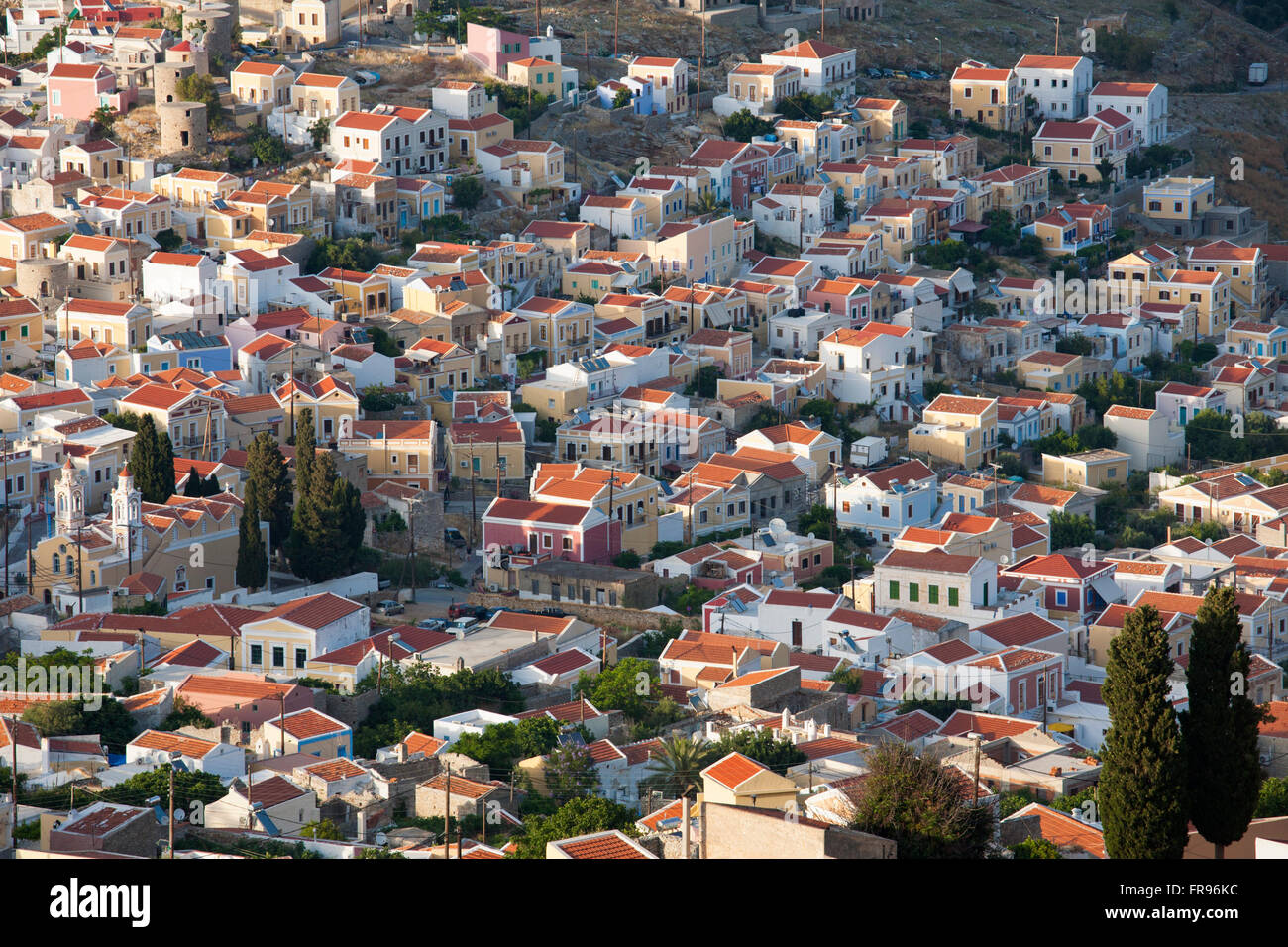 Horio, Symi, South Aegean, Greece. View over rooftops from high above ...