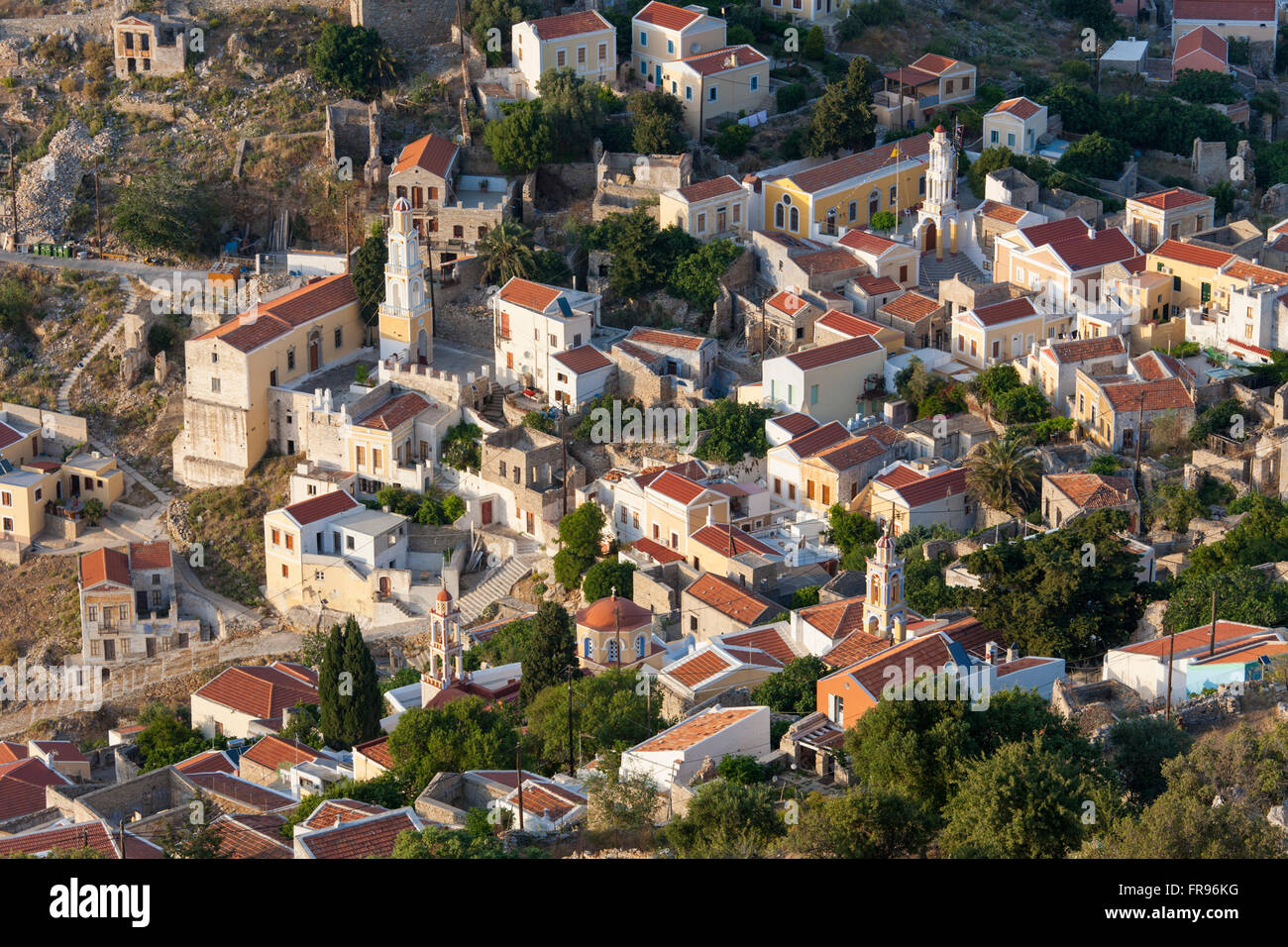 Horio, Symi, South Aegean, Greece. View over rooftops from hillside ...