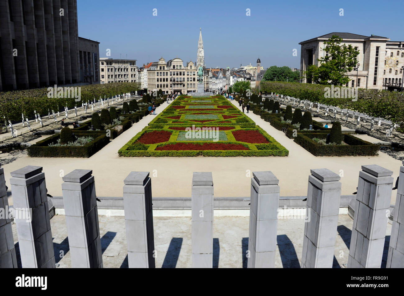 Gardens of Mont des Arts and belfry of Town Hall,Brussels,Belgium Stock ...