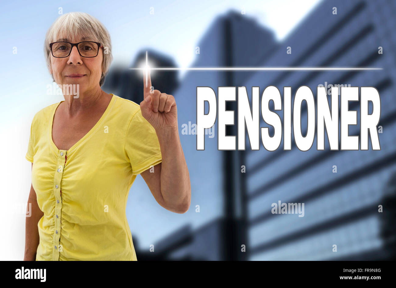 Pensioner touchscreen is shown by senior background Stock Photo - Alamy