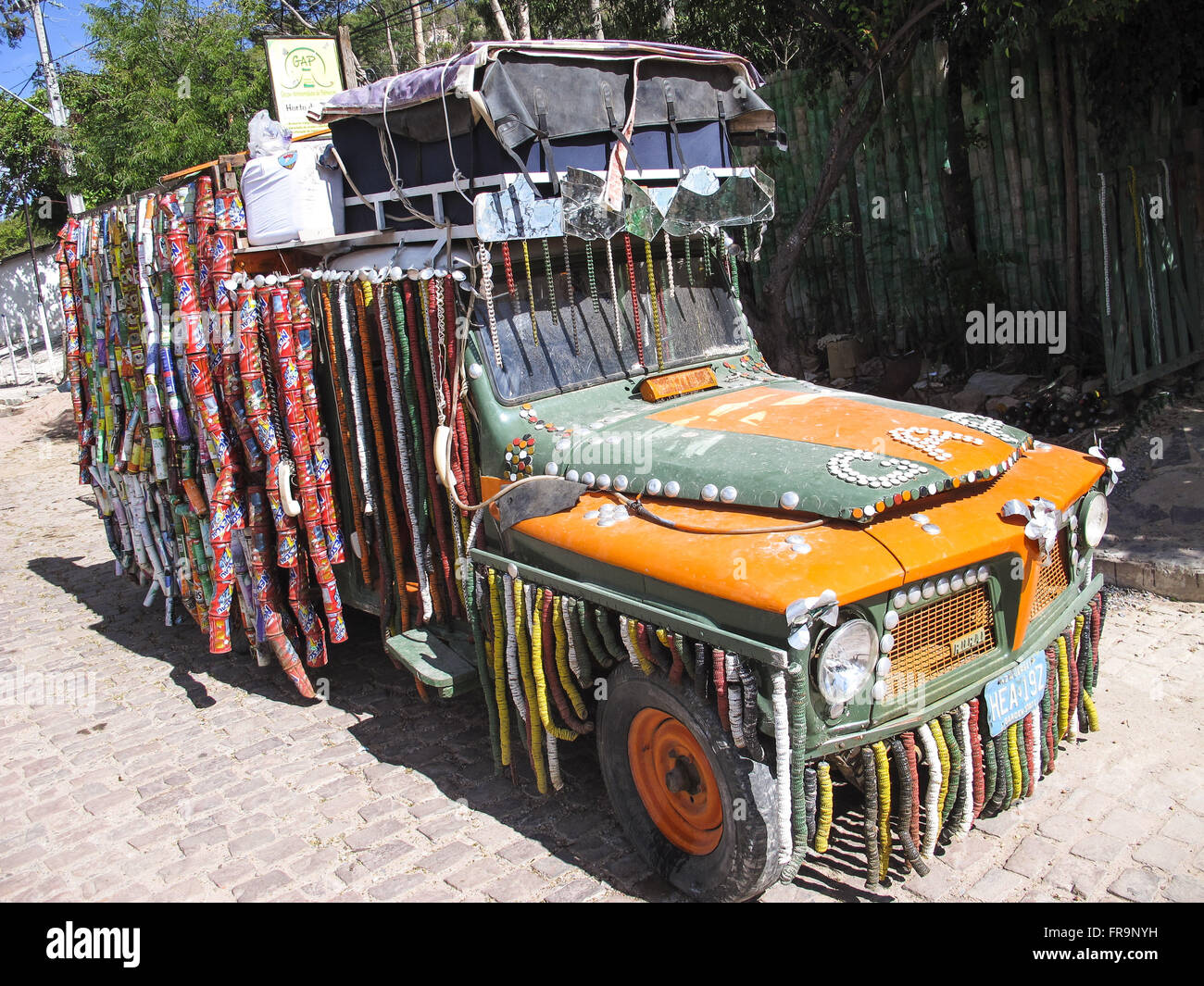Van decorated with various types of recycled material Stock Photo - Alamy