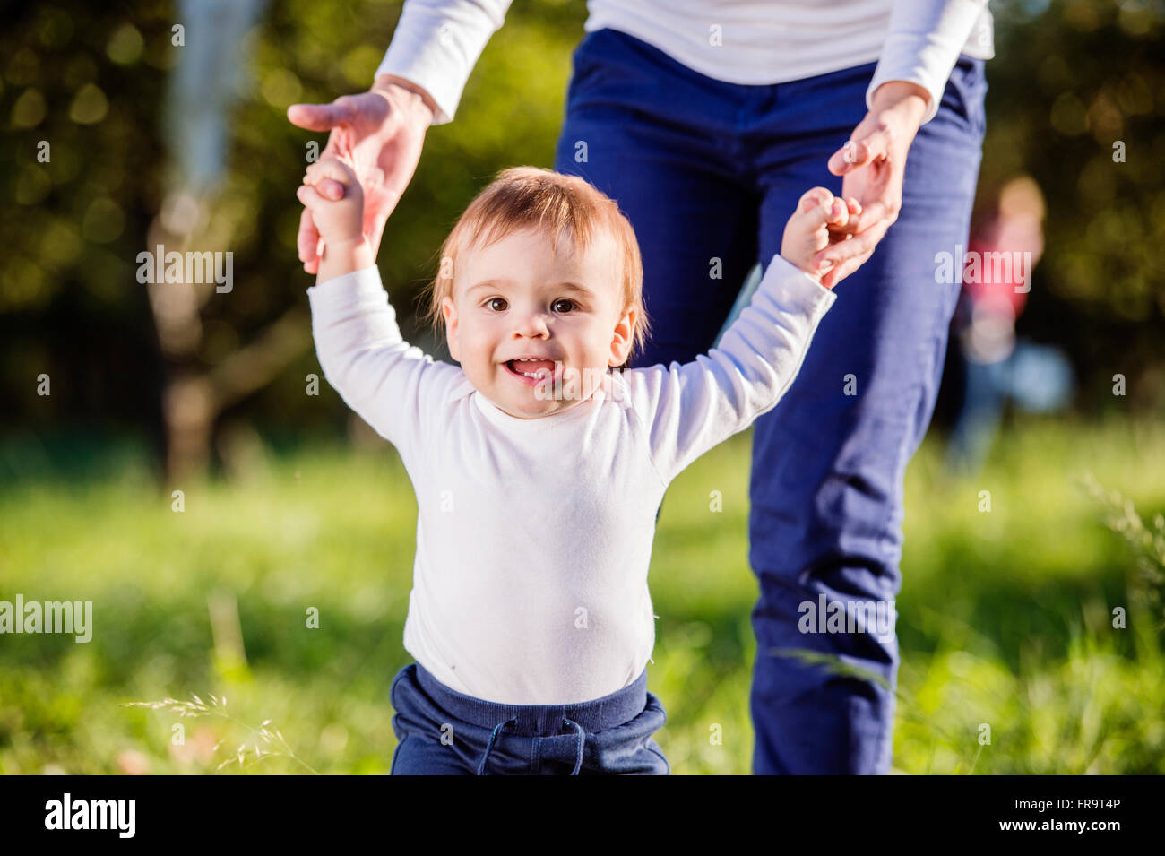 Mother holding hands of her son making first steps Stock Photo - Alamy