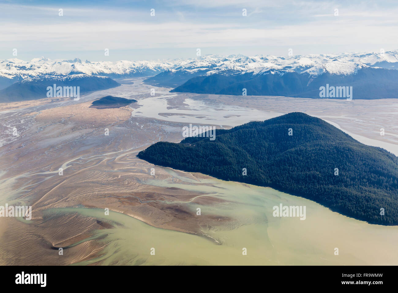 Aerial view of low tide and Woronkofski Island in the Stikine River ...