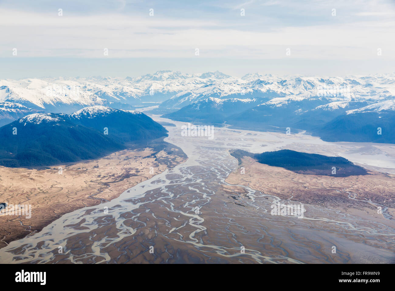 Aerial view of low tide and Woronkofski Island in the Stikine River ...