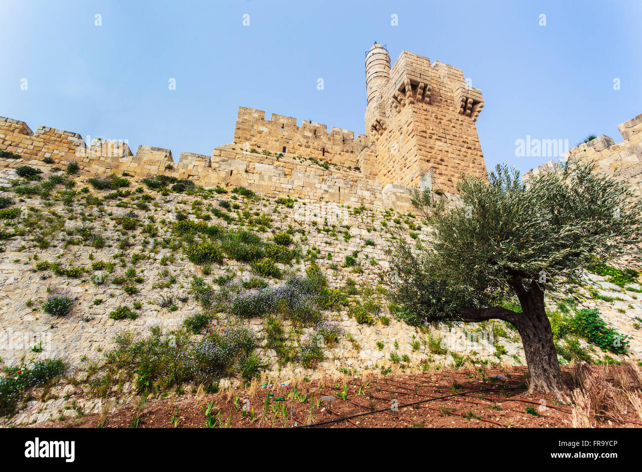Wall and old building with tower; Jerusalem, Israel Stock Photo - Alamy