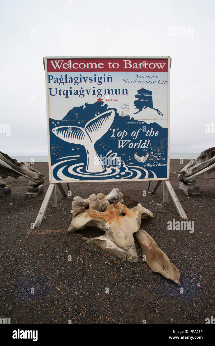 Welcome to Barrow sign and a bowhead whale vertebrate bone, North Slope ...