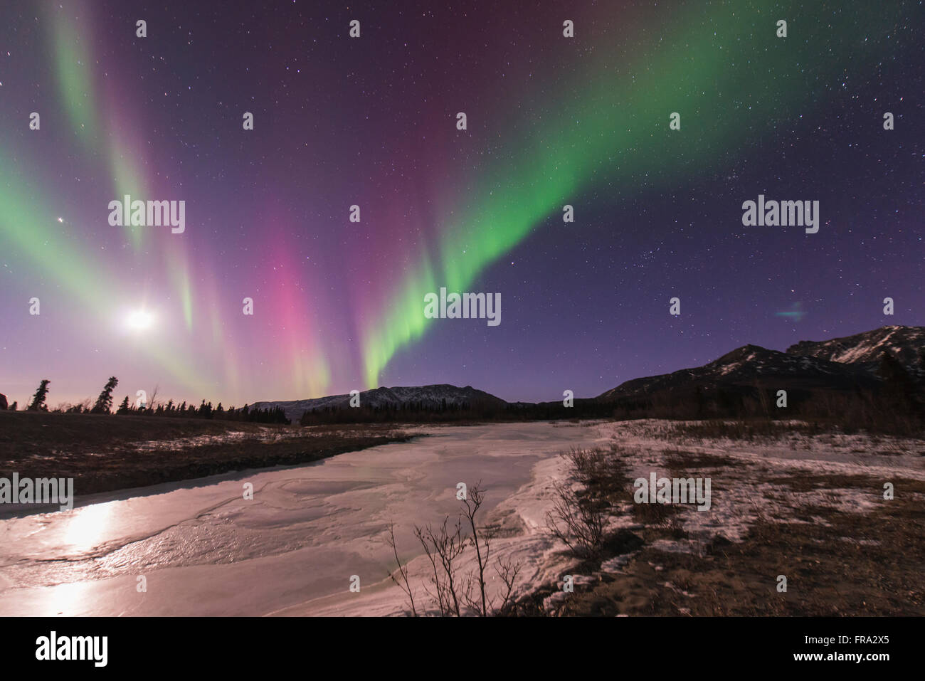 Aurora borealis and moon over frozen overflow and Alaska Range in ...