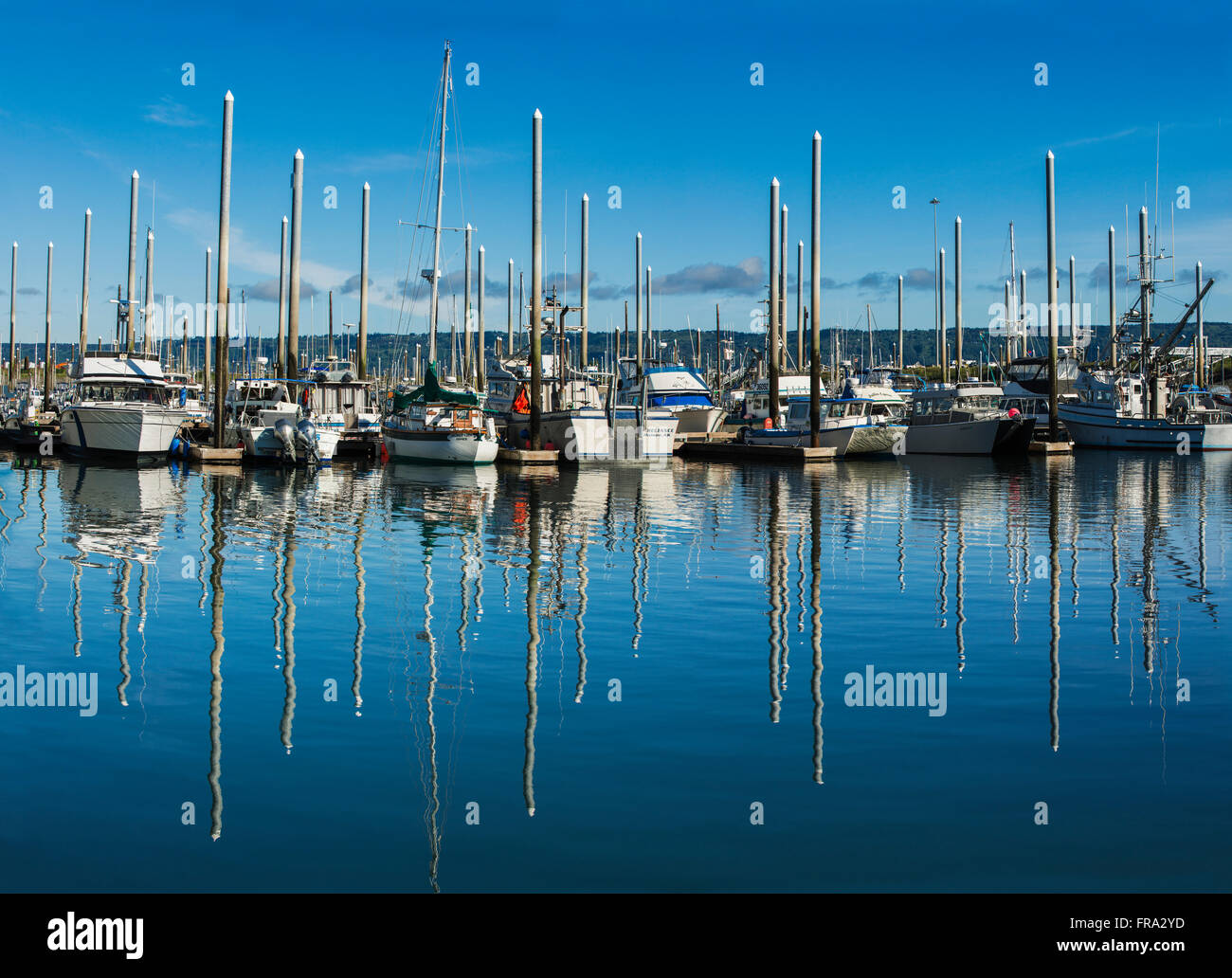 Boats reflecting in the water in the small boat harbor in Homer, Kenai ...