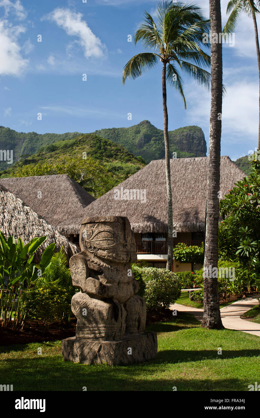 Island of Moorea, French Polynesia, a stone Tiki God figure on the ...