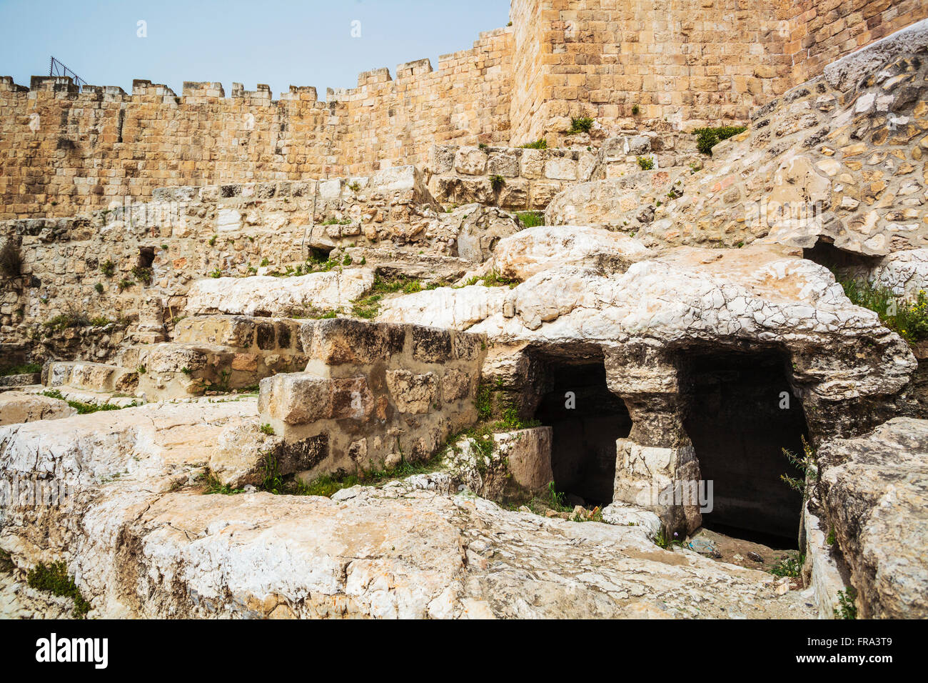 Historic ruins with a large wall and cave; Jerusalem, Israel Stock ...