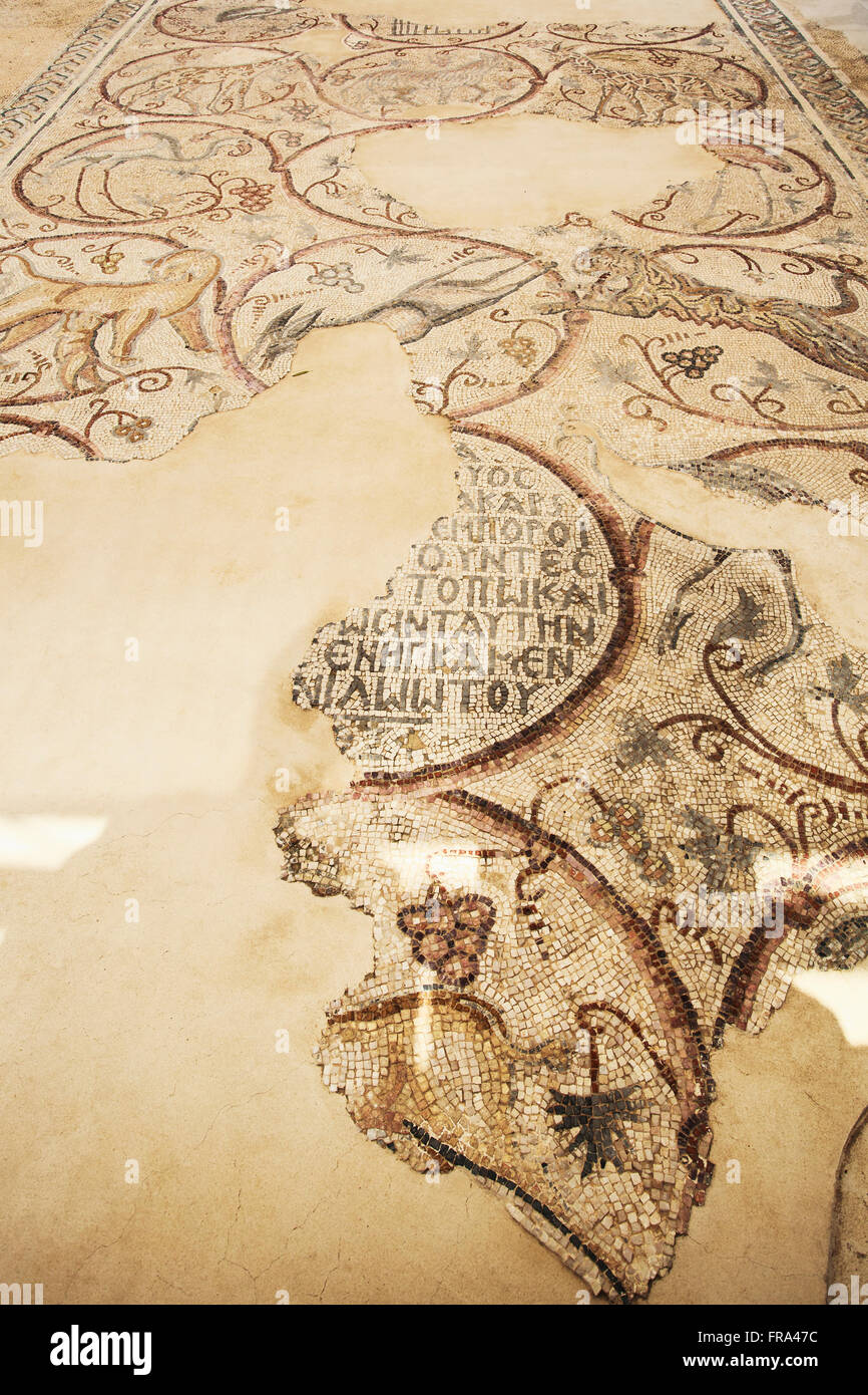 Mosaic floor displayed at the Samaritan Inn from the synagoge at Gaza ...