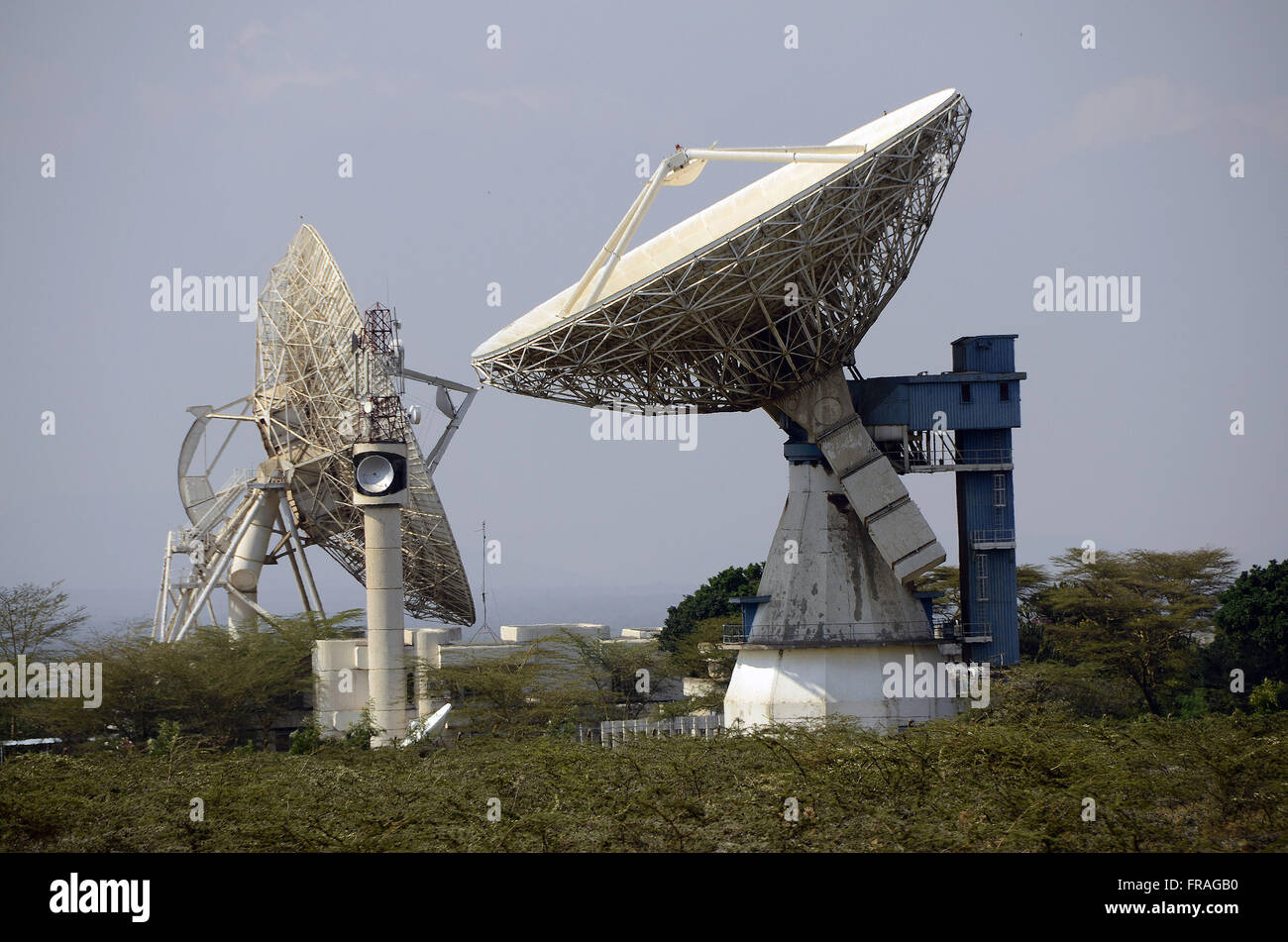 Parabolic antennas in place called Mai Mahiu, Rift Valley Province ...