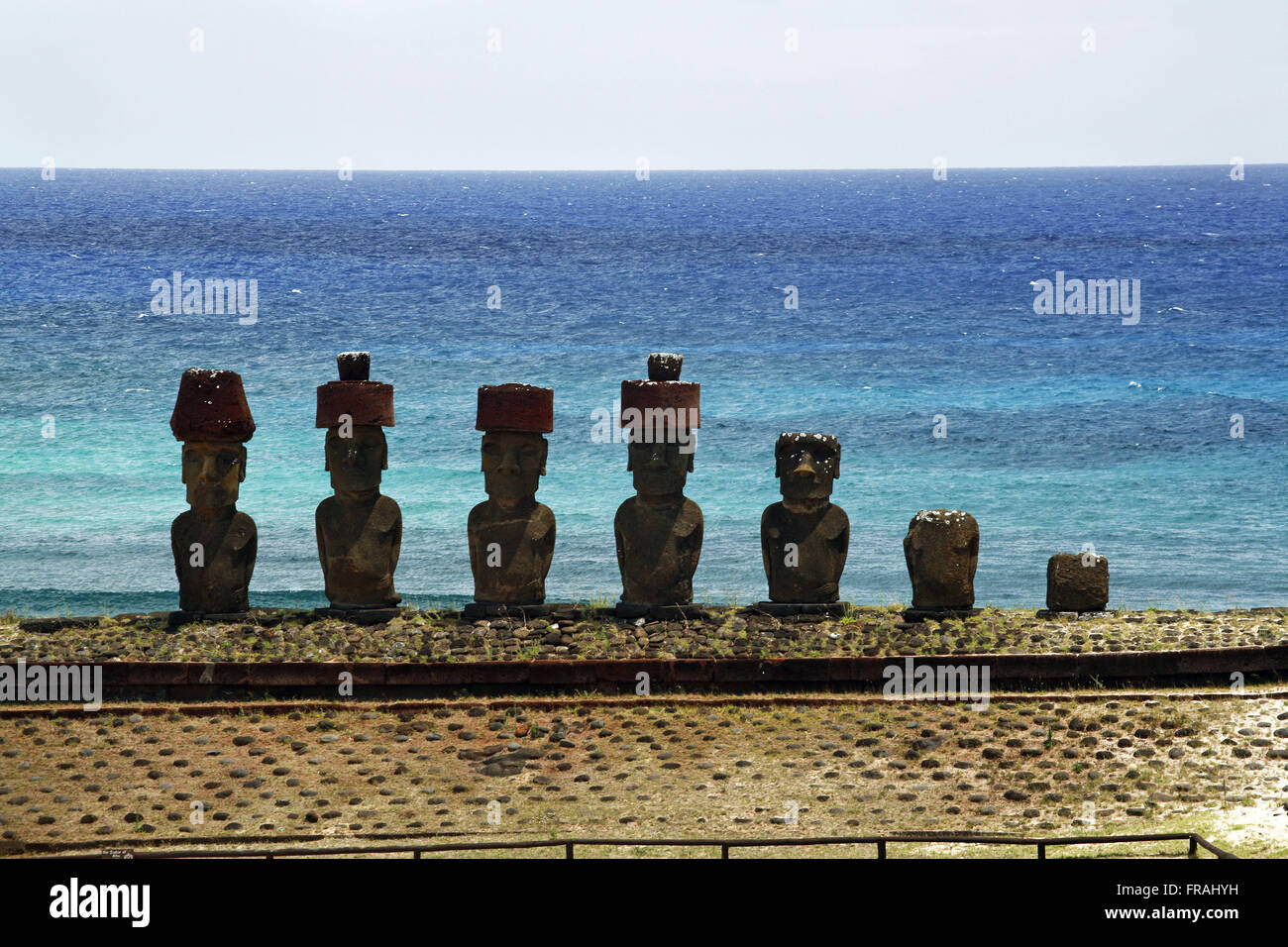 Seven Moai Ahu Nau Nau at Anakena Beach - Easter Island Stock Photo - Alamy