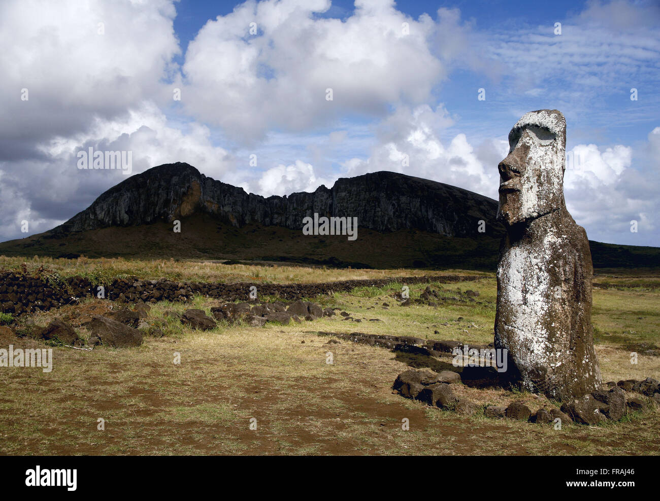 Detail of Moai on Easter Island - the volcano background Stock Photo ...