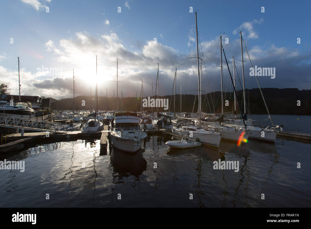Town of Bowness, England. Picturesque silhouetted view of Bowness Bay ...