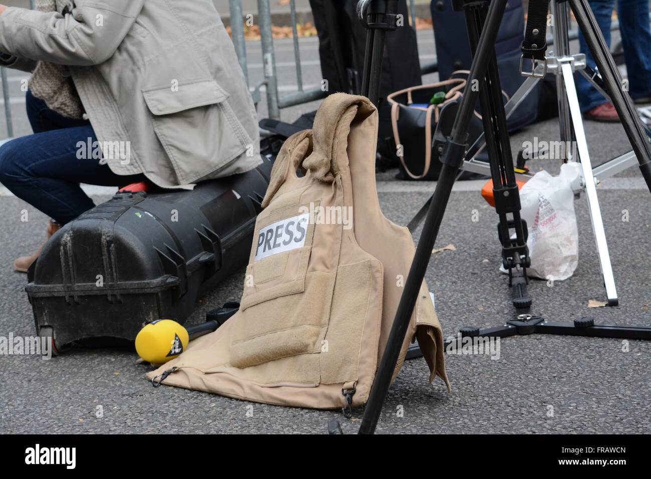 November 14th 2015. Paris, France. Bullet-proof press jacket sits at ...