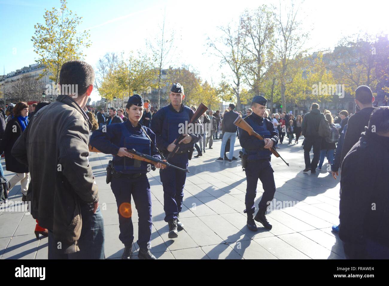 November 15th 2015. Paris, France. French CRS officer patrol the Place ...
