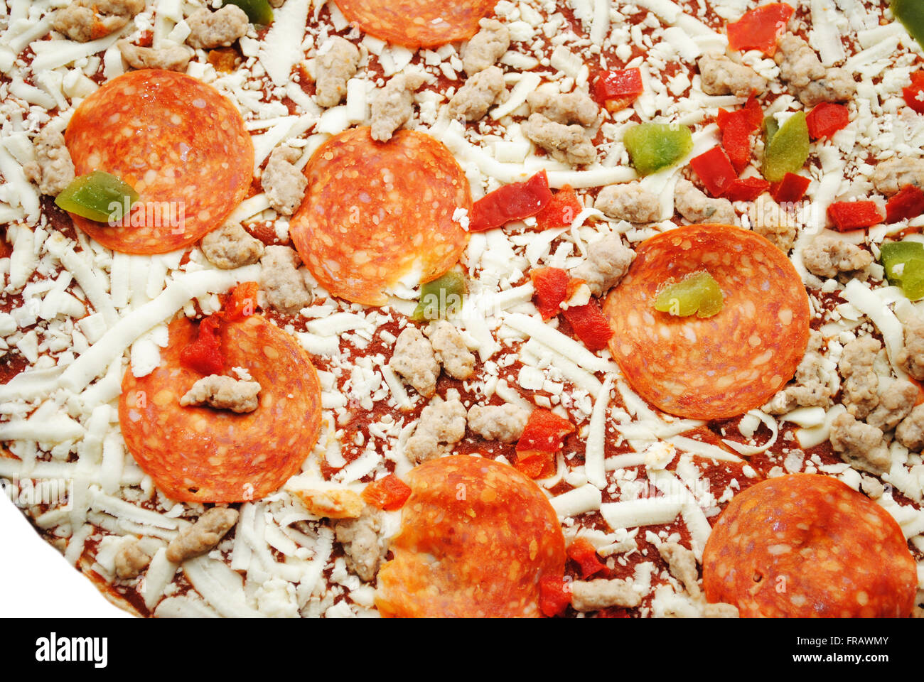 Raw Pepperoni Pizza with Sausage and Chopped Pepper Stock Photo - Alamy