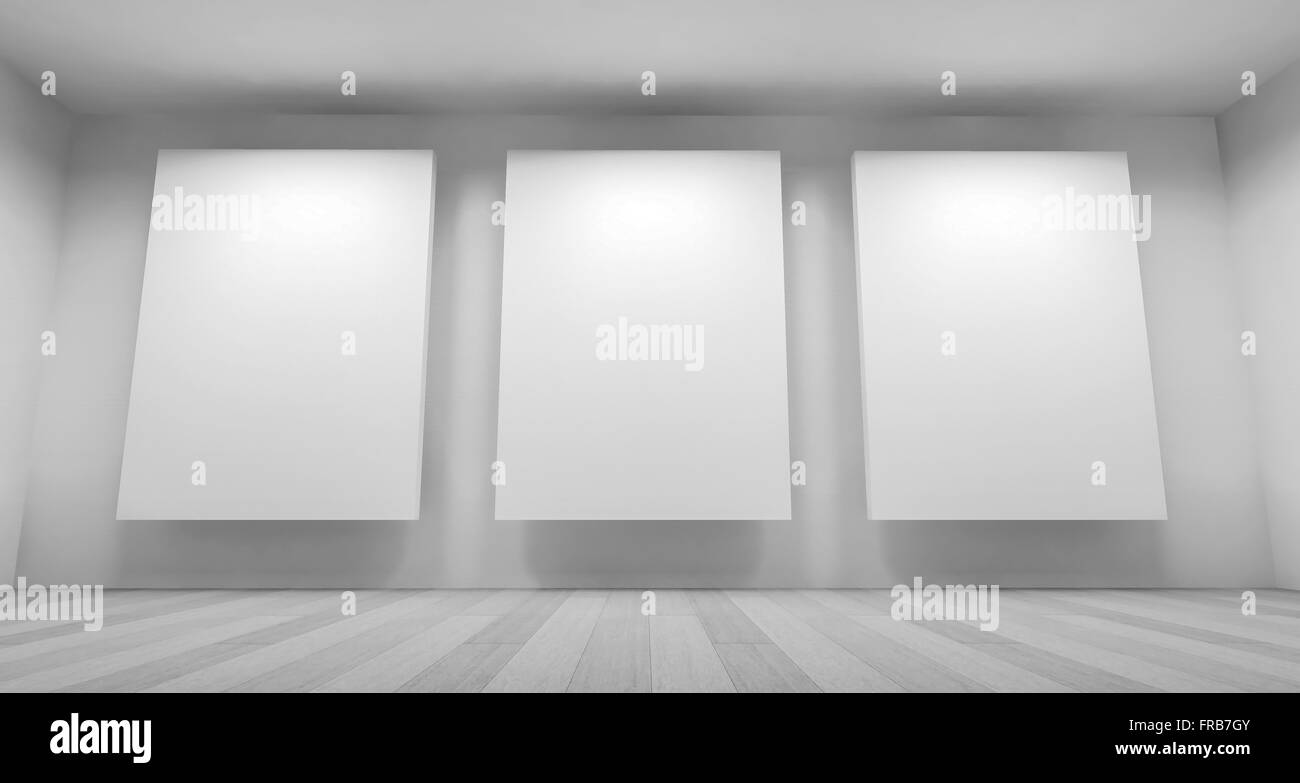 exposition, clean art gallery space with blank frames on the wall ...