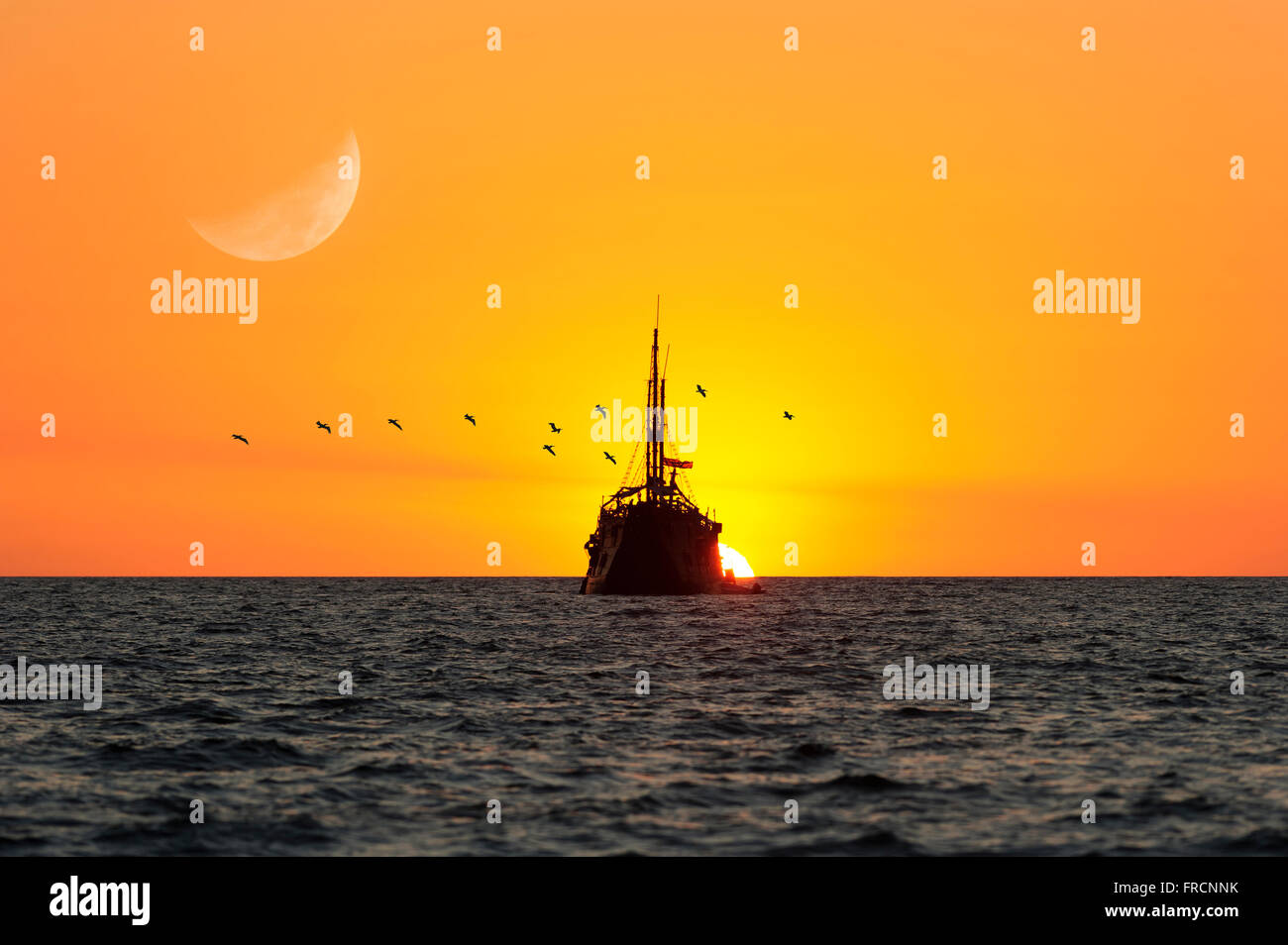 Ocean sunset ship is a silhouette of an old ship with a flock of birds ...