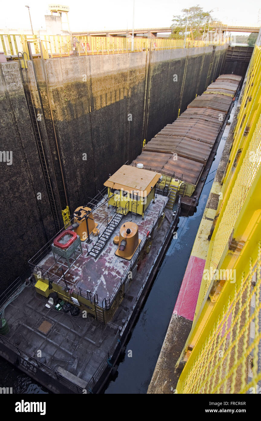 Barge loaded with soya in the lock Hydropower Plant Bariri - empty ...