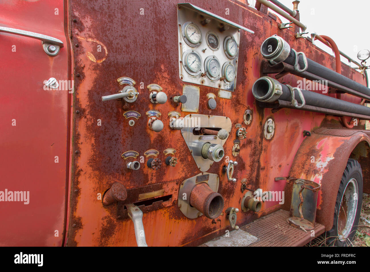Close up of dials and controls on antique rusting fire truck Stock ...