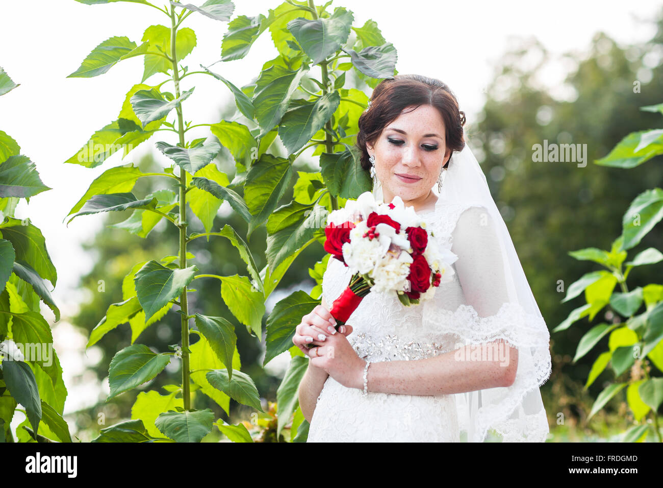 Beautiful bride outdoors in a park Stock Photo - Alamy