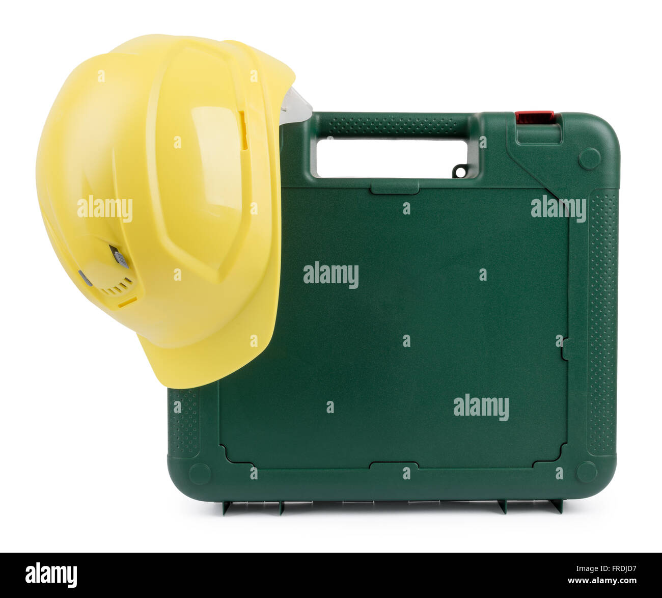 Closed tool box with construction yellow helmet Stock Photo - Alamy