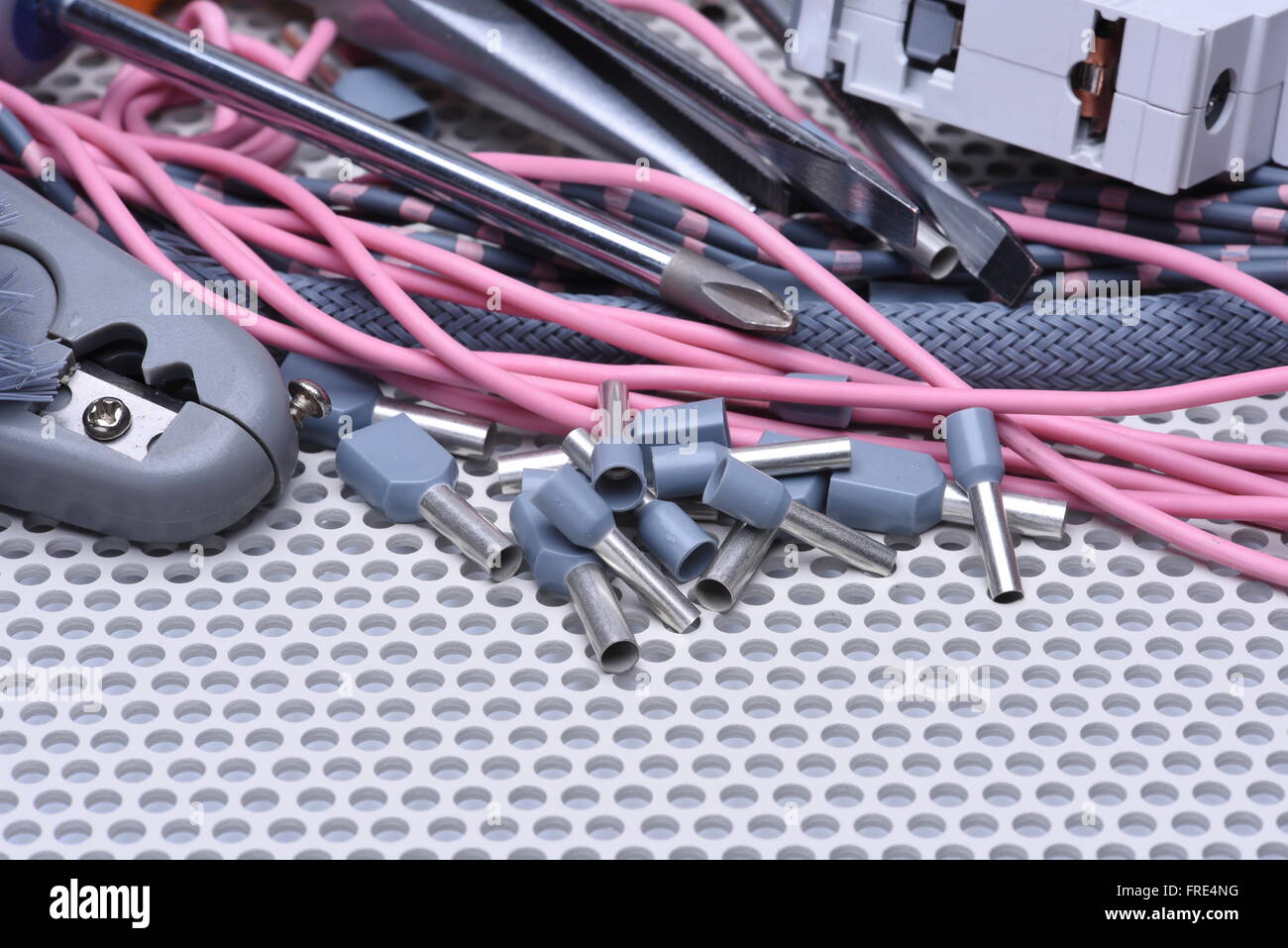 Electrical tools, component and cables on metal surface Stock Photo - Alamy