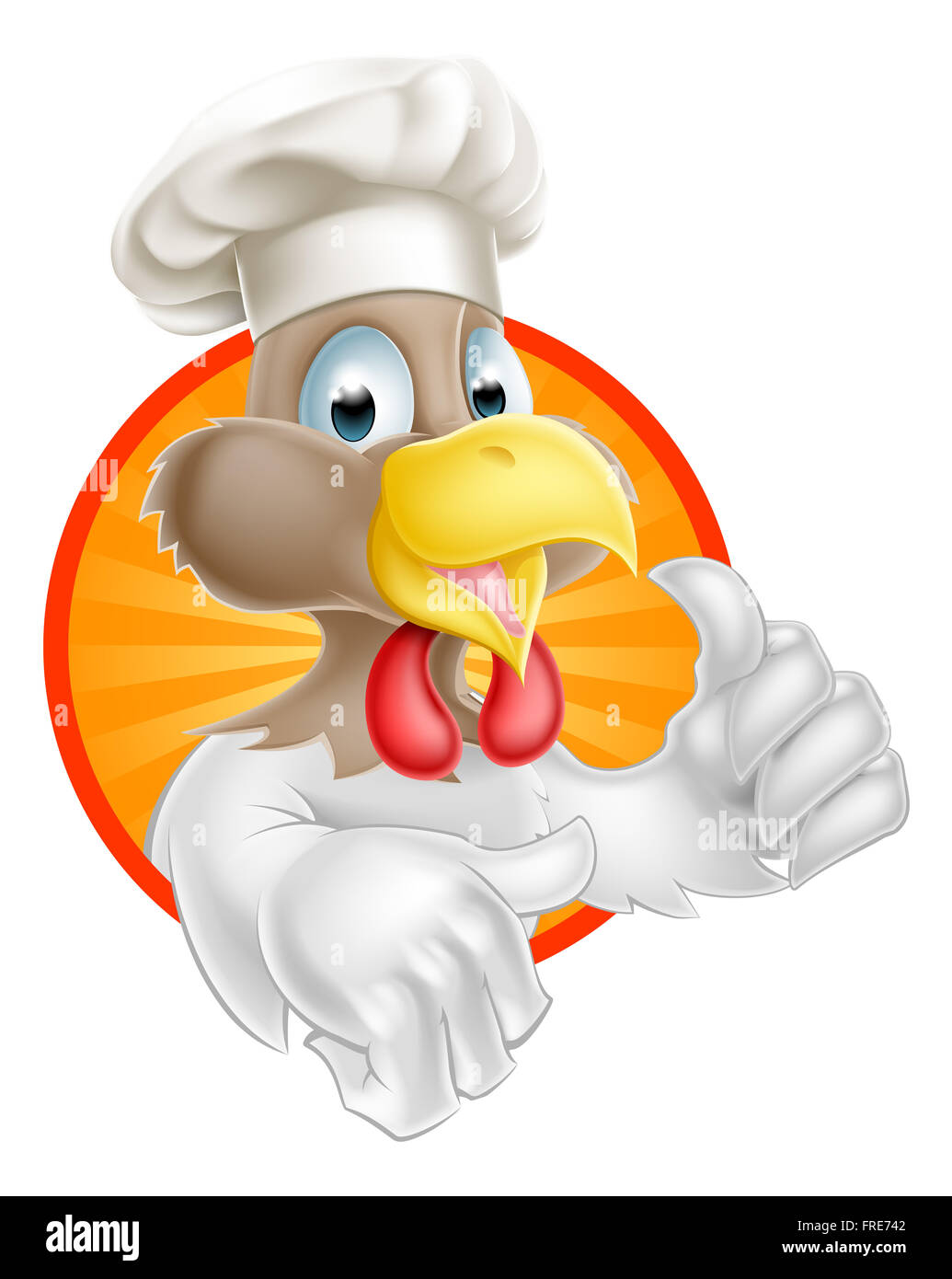 A cartoon chicken mascot wearing a chef or cooks hat and giving a ...