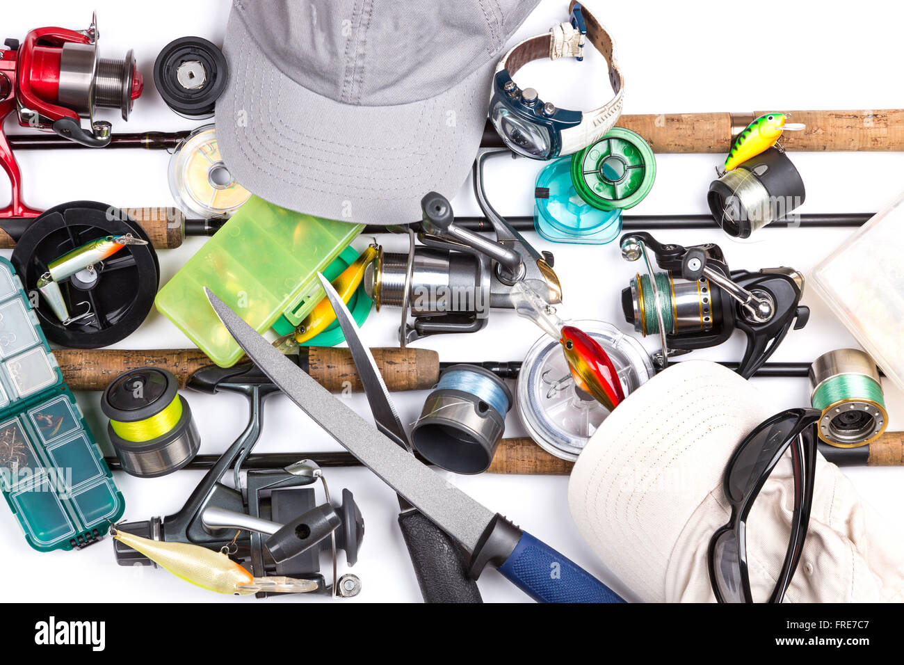 Different fishing tackles, equipment and caps. Concept design for ...